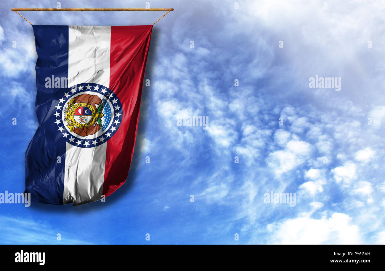 Flag State of Missouri. Vertical flag, against blue sky with place for ...