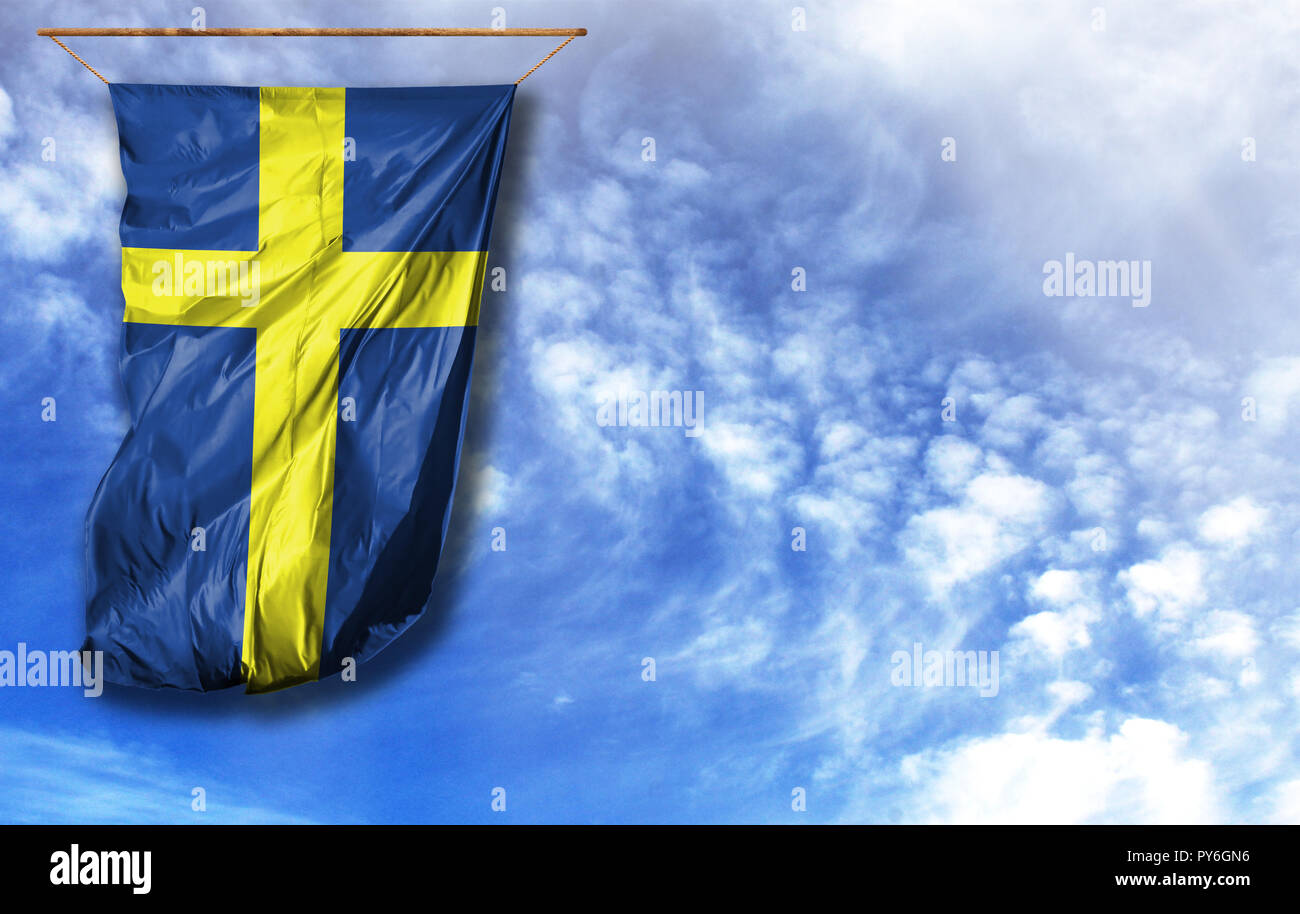 Flag of Sweden. Vertical flag, against blue sky with place for your ...