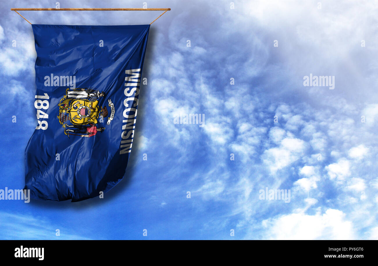 Flag State of Wisconsin. Vertical flag, against blue sky with place for ...