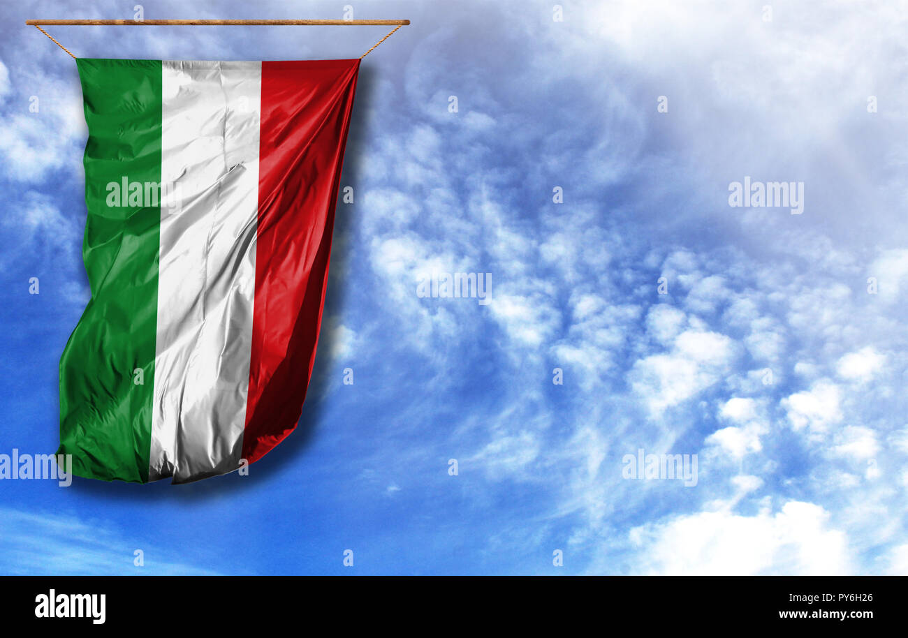 Flag of Hungary. Vertical flag, against blue sky with place for your ...