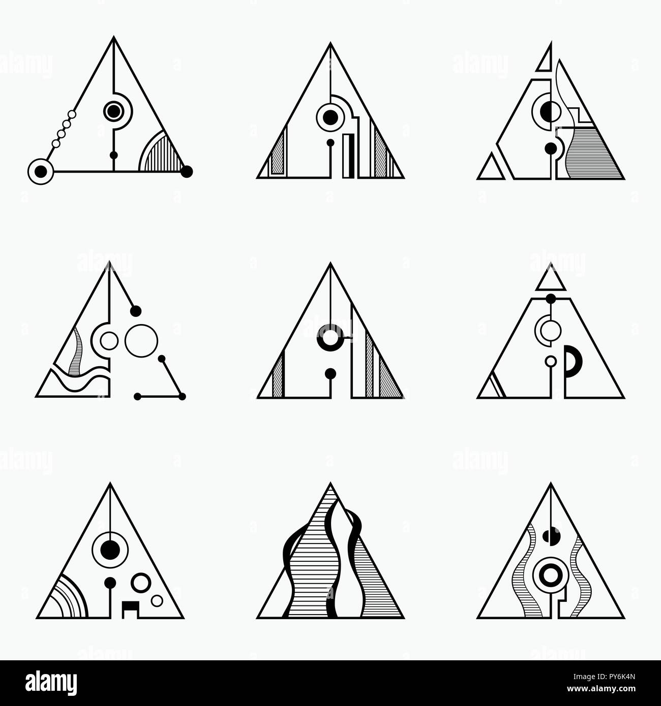 Collection of triangles, separated with lines and circles. Set of ...