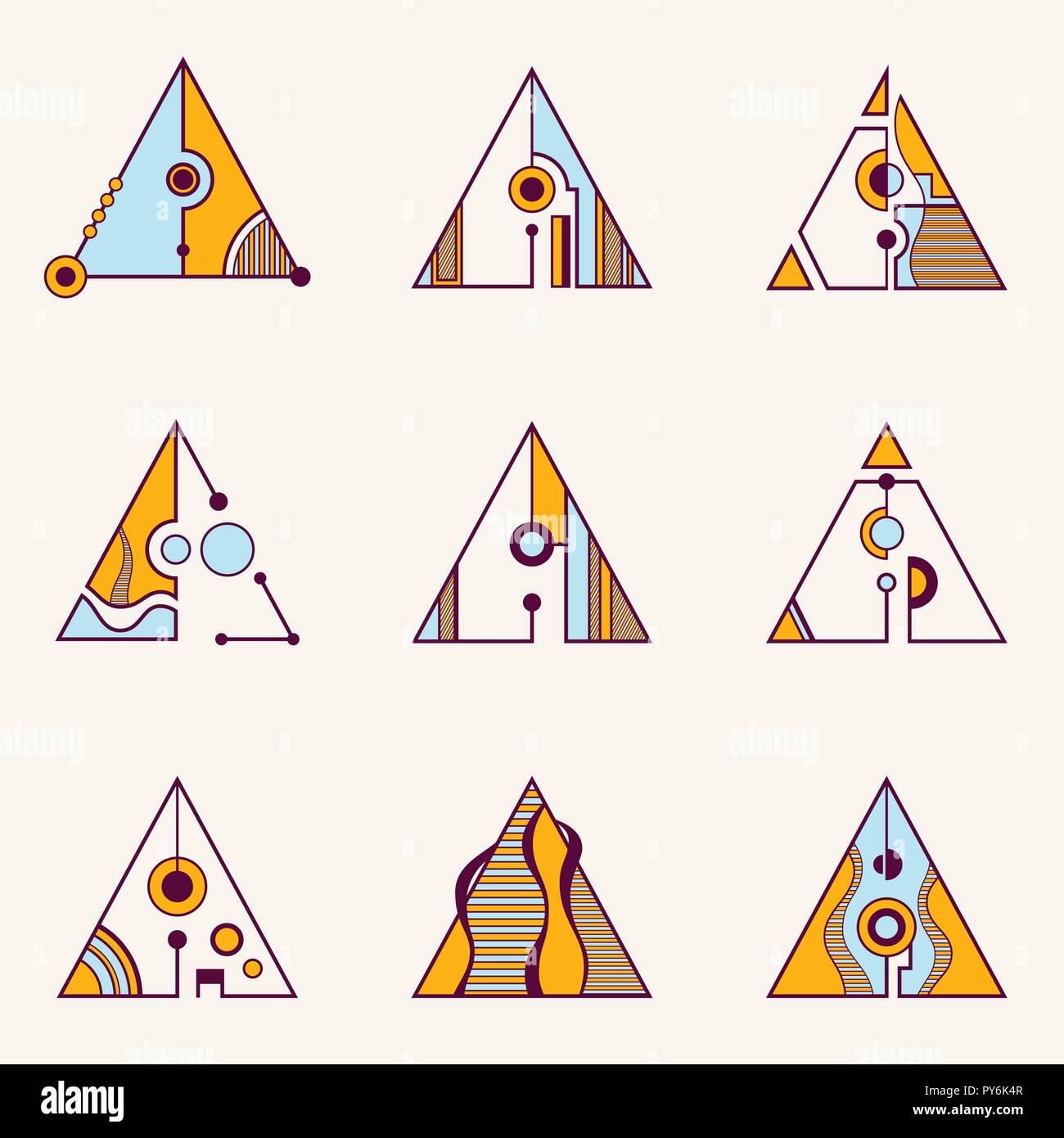 Collection of colored triangles, separated with lines and circles. Set ...
