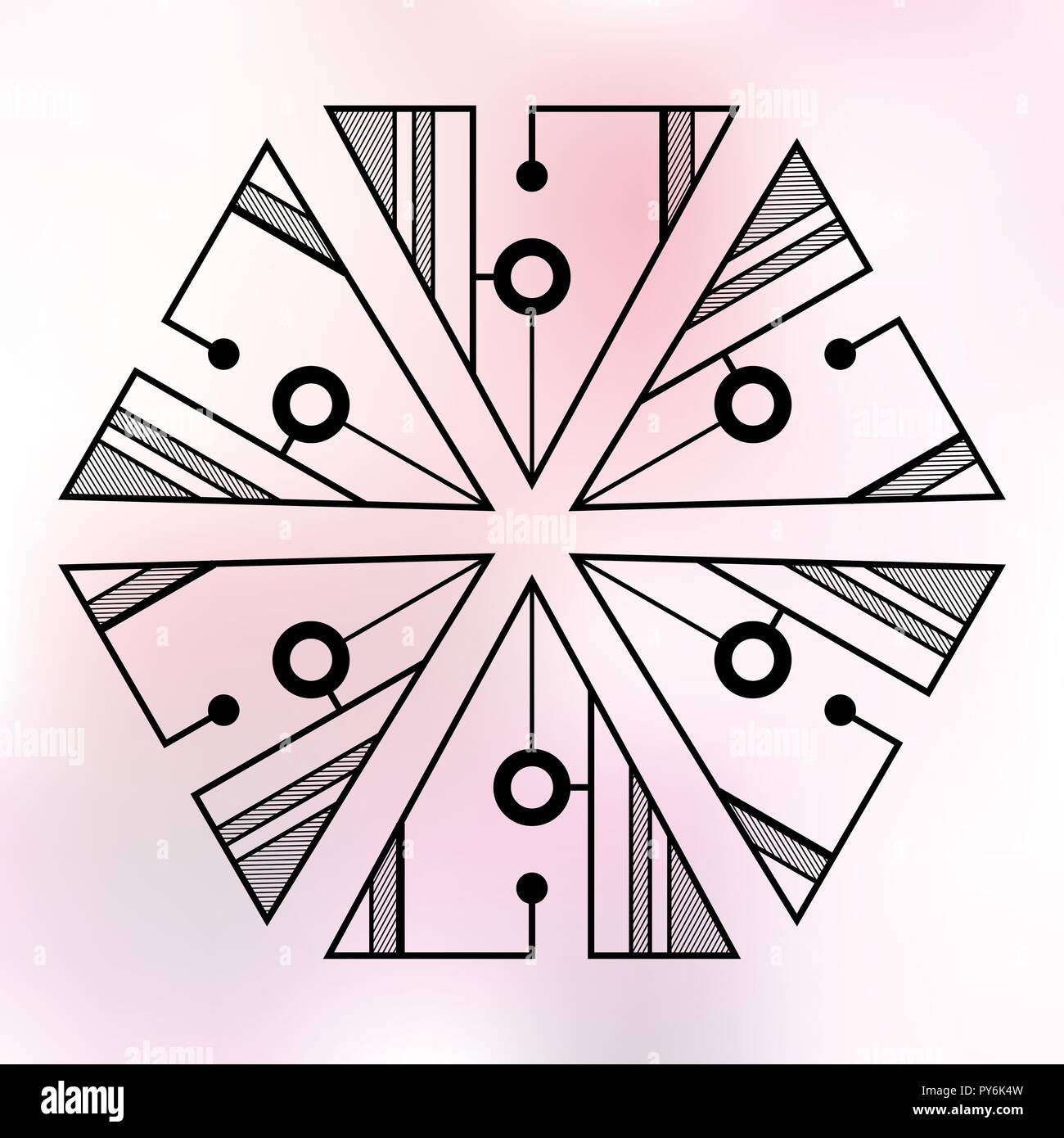 Six symmetrically arranged triangles, separated with lines and circles. Geometric elements ...