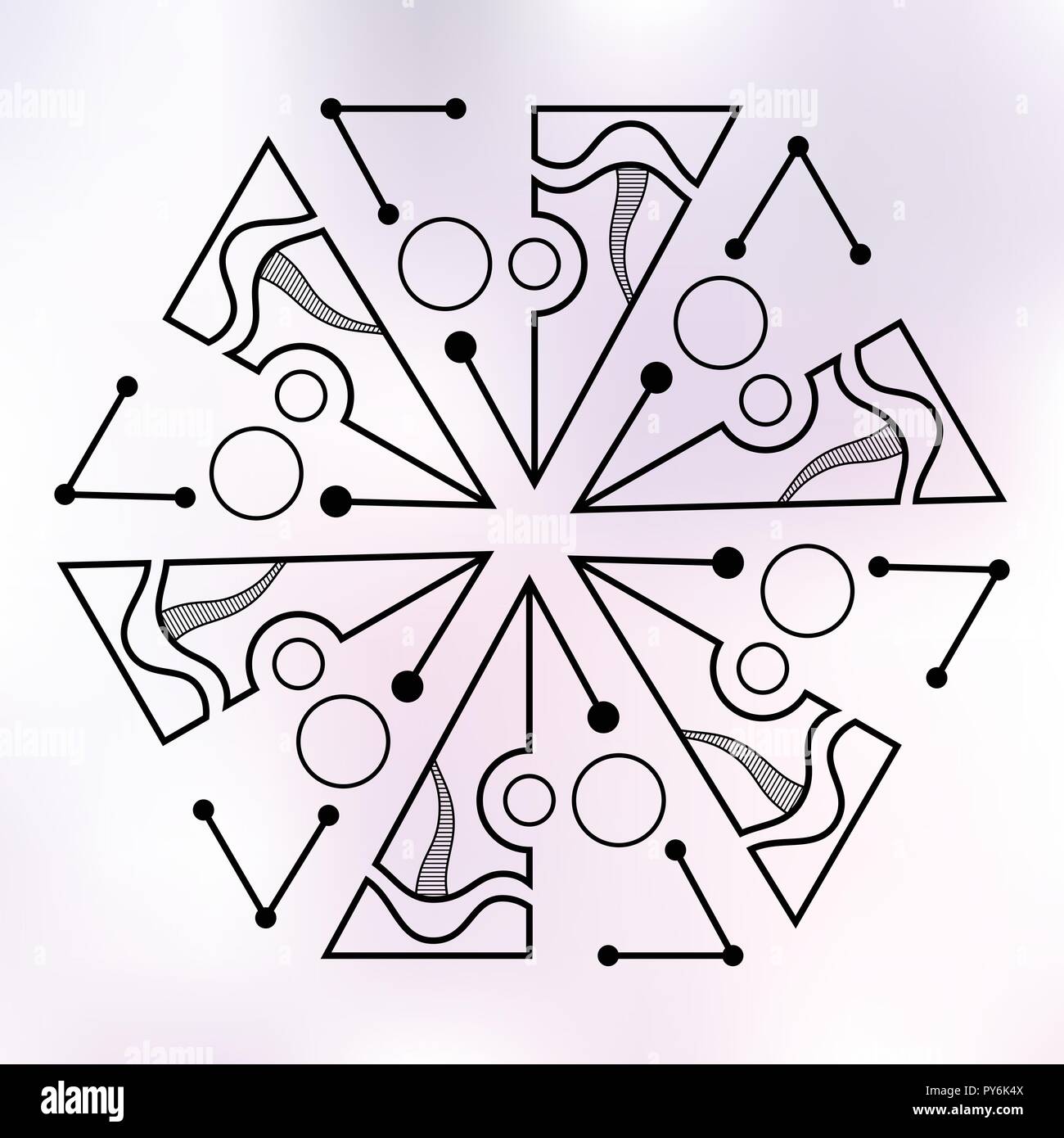 Six symmetrically arranged triangles, separated with lines and circles ...