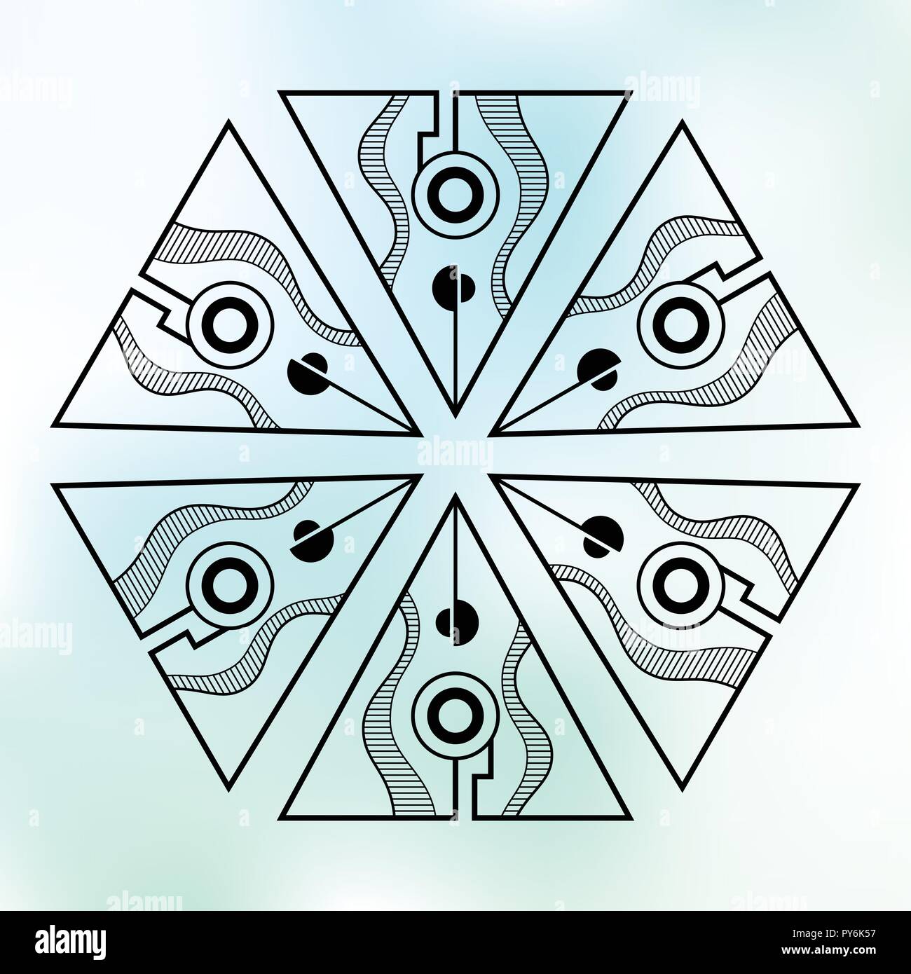 Six symmetrically arranged triangles, separated with lines and circles ...