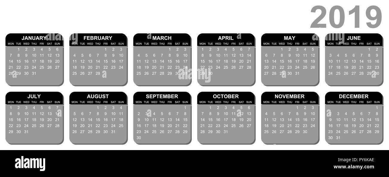 Editable vector calendar for year 2019 mondays first Stock Vector Image ...