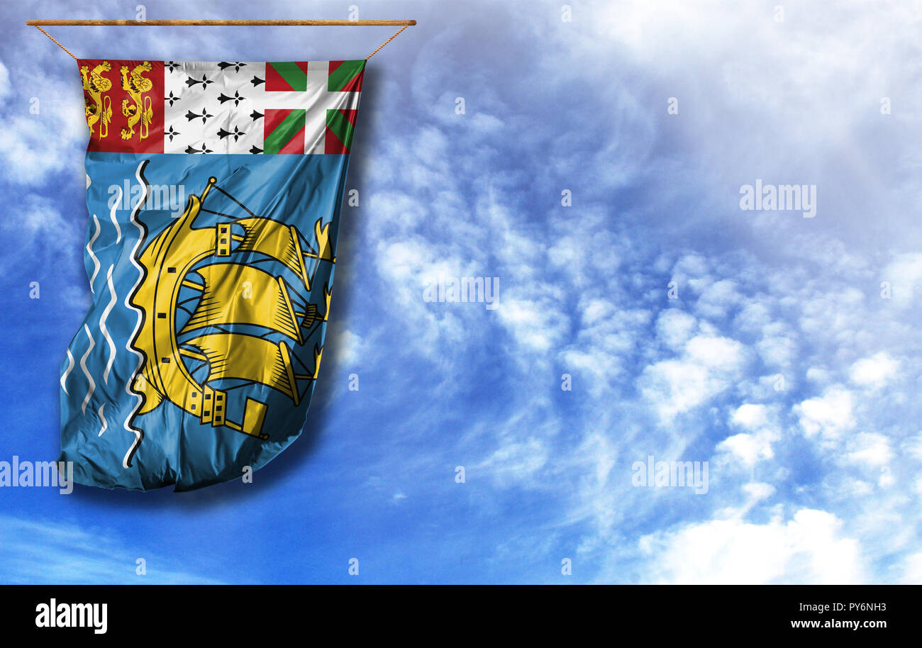 Flag of Saint Pierre and Miquelon. Vertical flag, against blue sky with ...