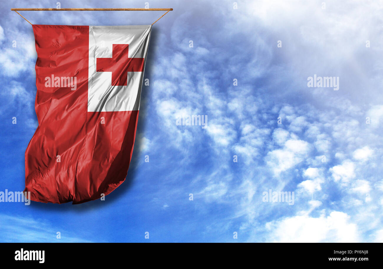 Flag of Tonga. Vertical flag, against blue sky with place for your text ...