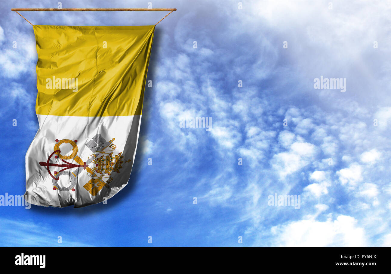 Flag of Vatican city-Holy see. Vertical flag, against blue sky with ...