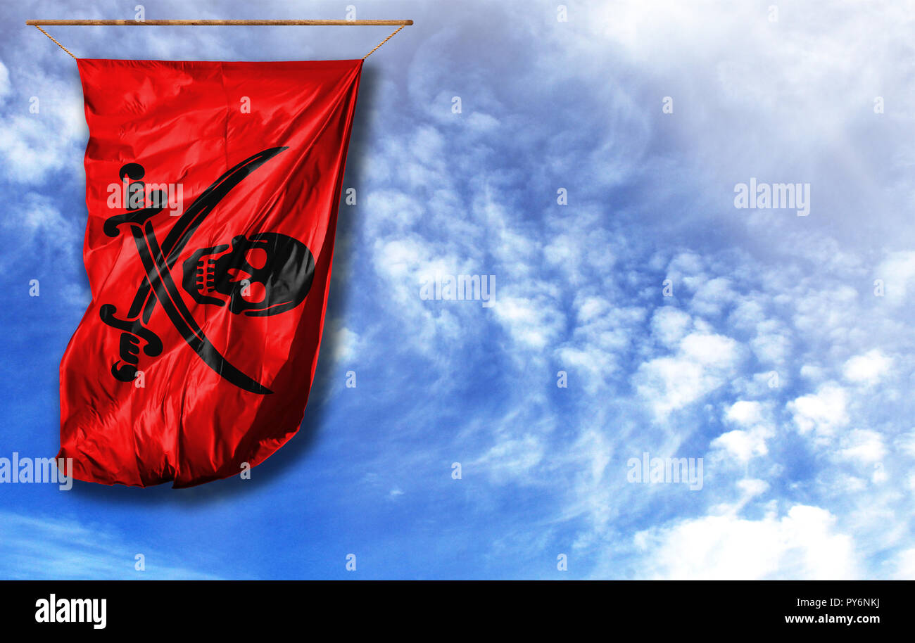Flag of Pirates red. Vertical flag, against blue sky with place for ...