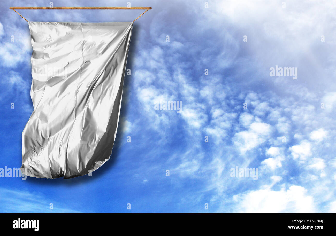 white flag. Vertical flag, against blue sky with place for your text ...