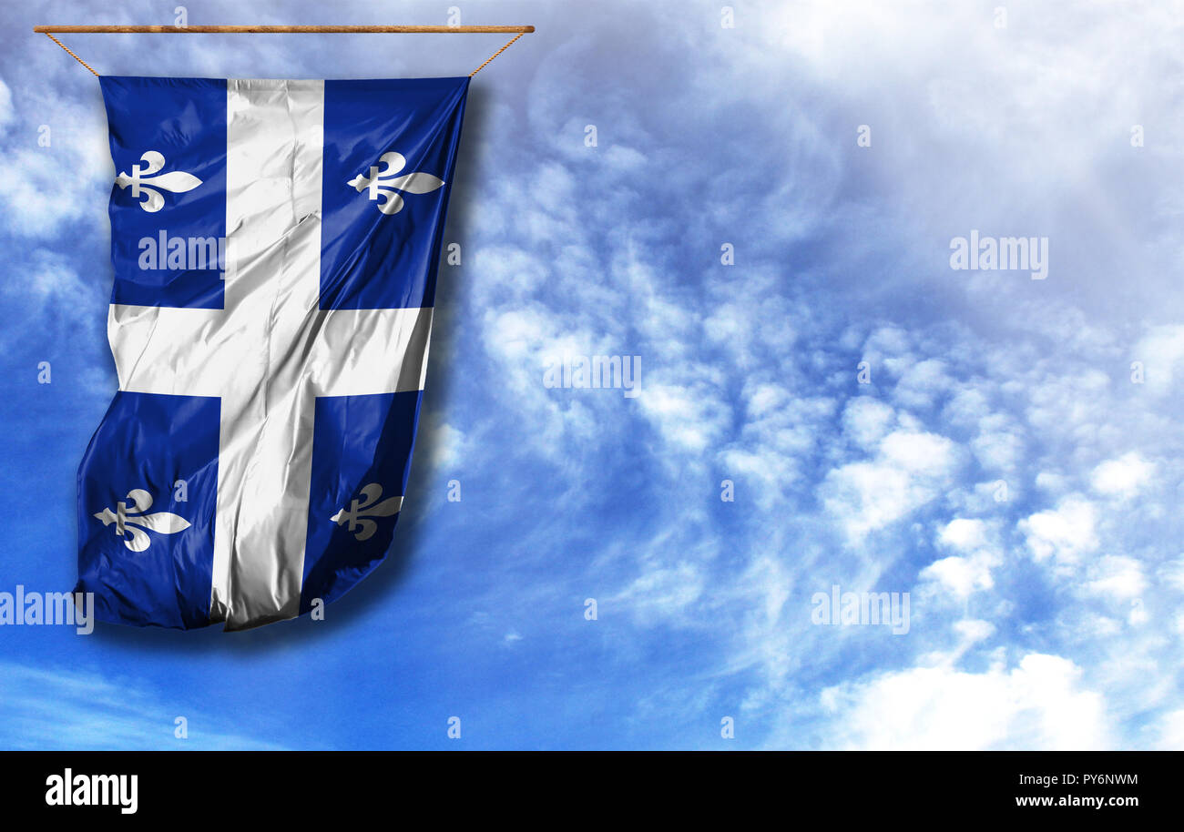 Flag of Quebec. Vertical flag, against blue sky with place for your ...