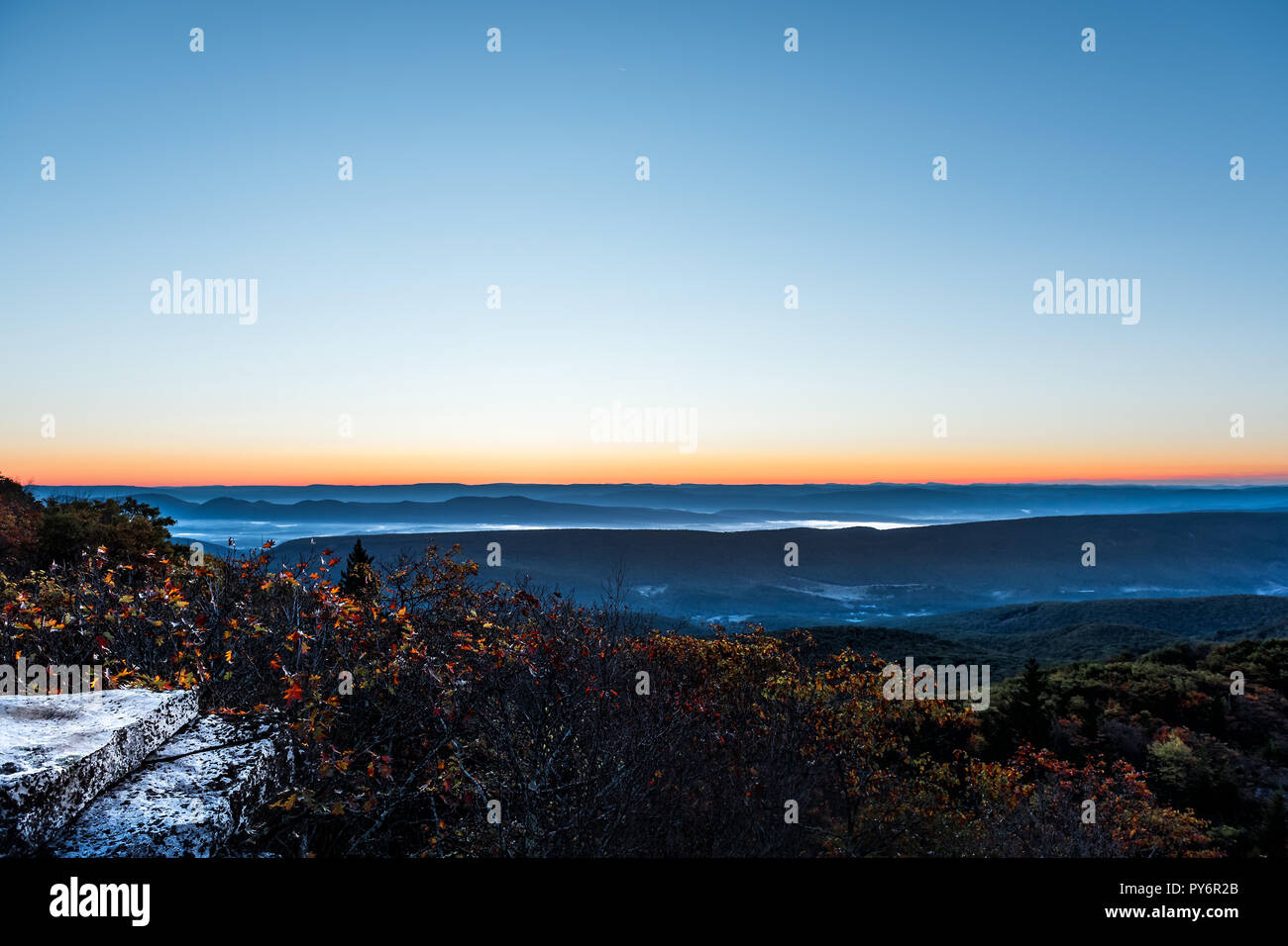 Bear rocks overlook sunrise, dawn, moon in autumn with rocky landscape ...
