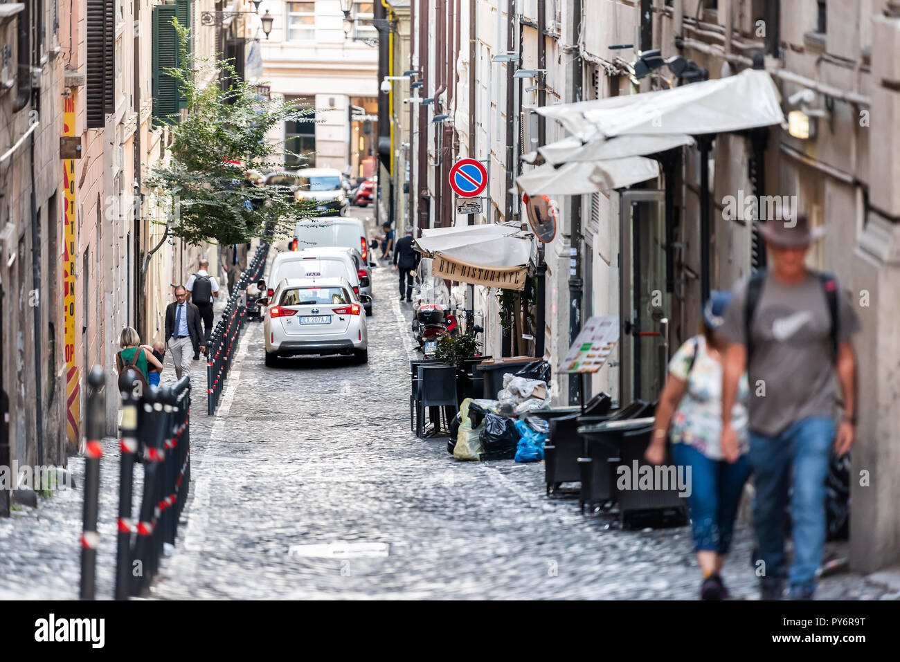 Rome, Italy - September 4, 2018: Streetscape of narrow city town road ...