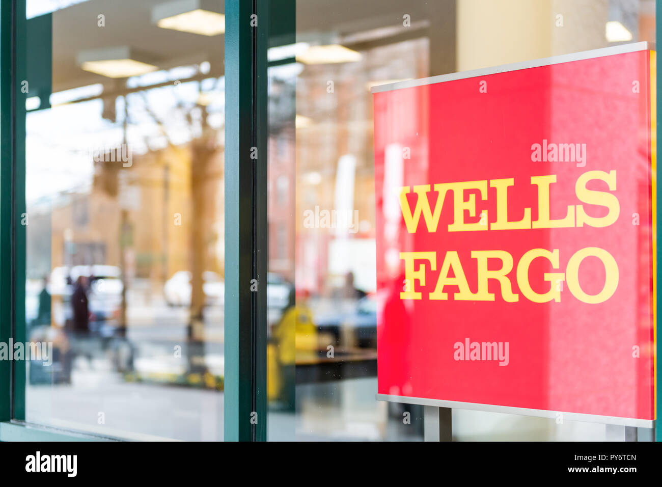 Washington DC, USA - March 9, 2018: Closeup of Wells Fargo bank branch ...
