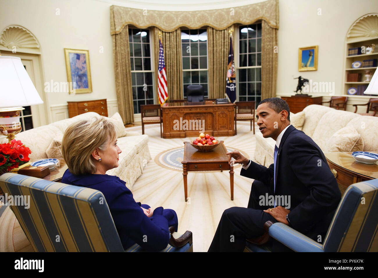 President Barack Obama meets with Secretary of State Hillary Clinton in the Oval Office shortly ...