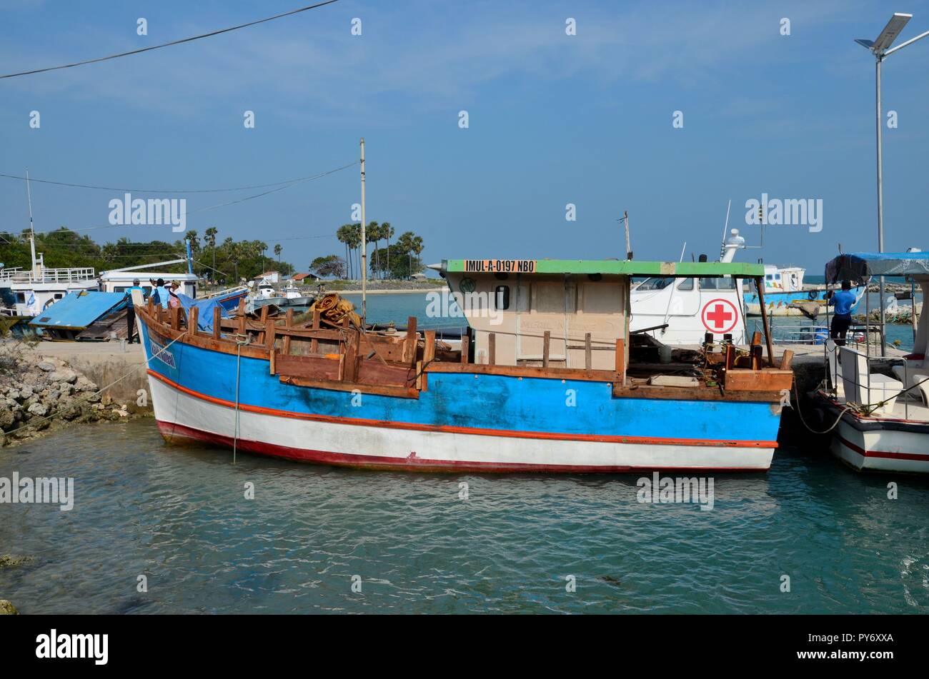 Boats tied to shore at port harbor on Palk Strait near Jaffna Sri Lanka Stock Photo - Alamy