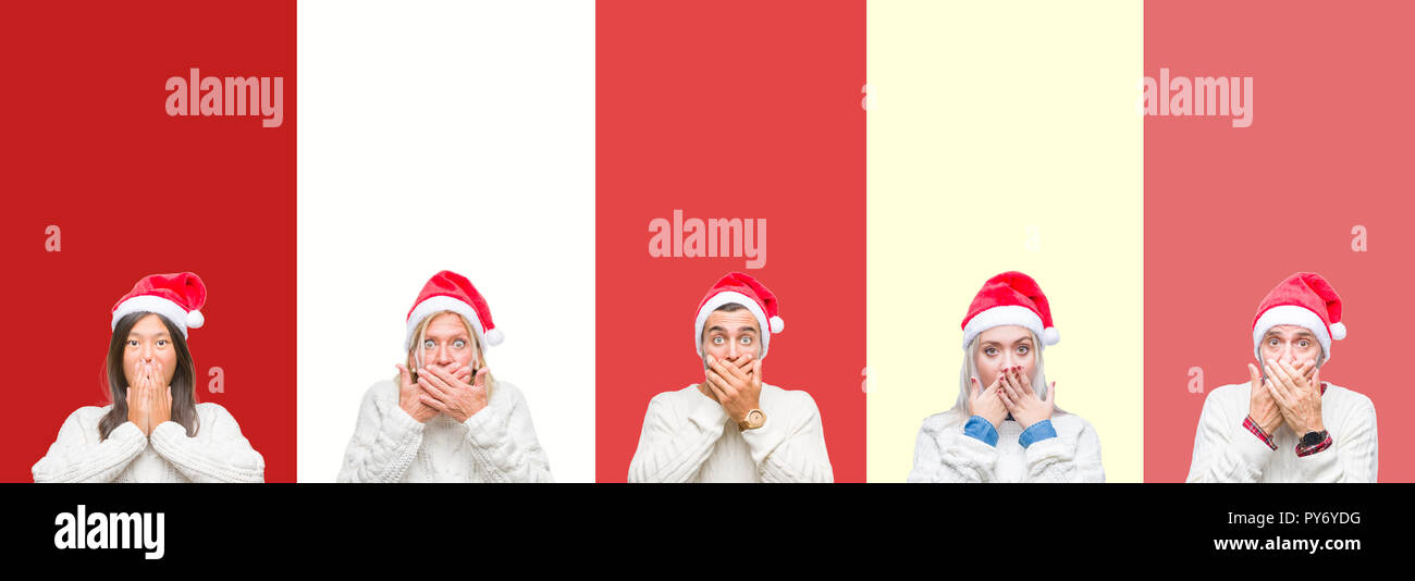 Collage of group of young people wearing christmas hat over red ...