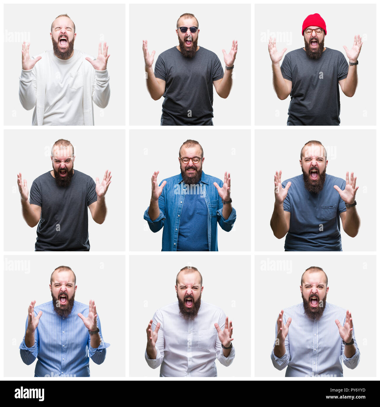 Collage of young man over isolated background crazy and mad shouting ...