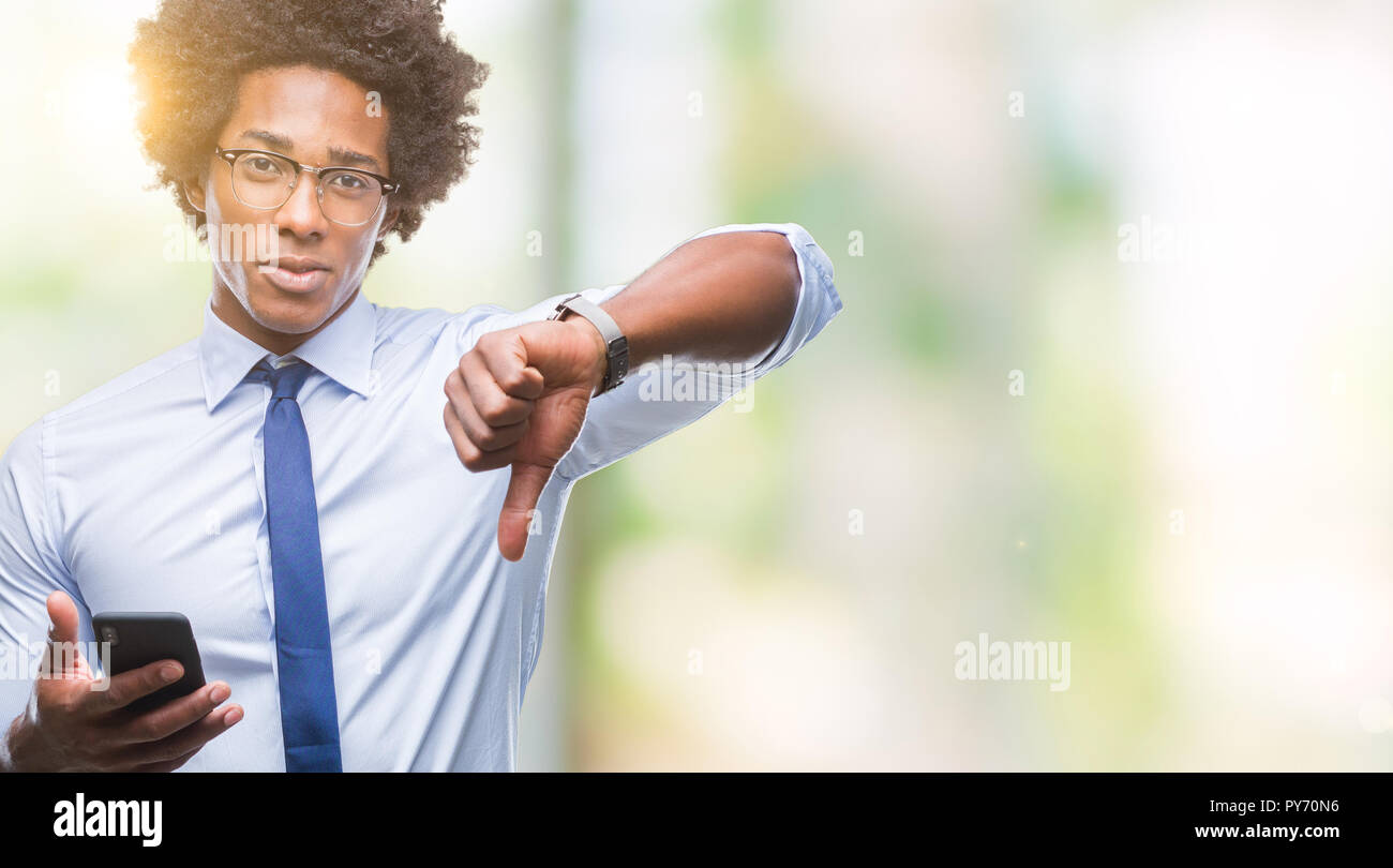 Afro american business man texting using smartphone over isolated ...
