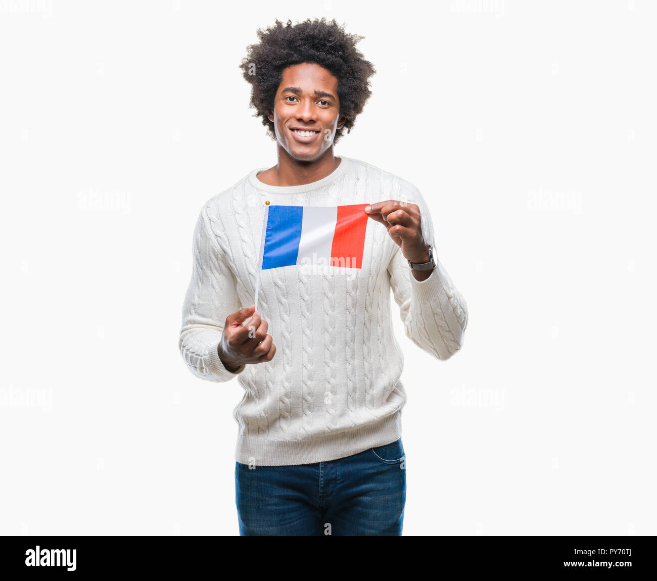 Afro american man flag of France over isolated background with a happy ...