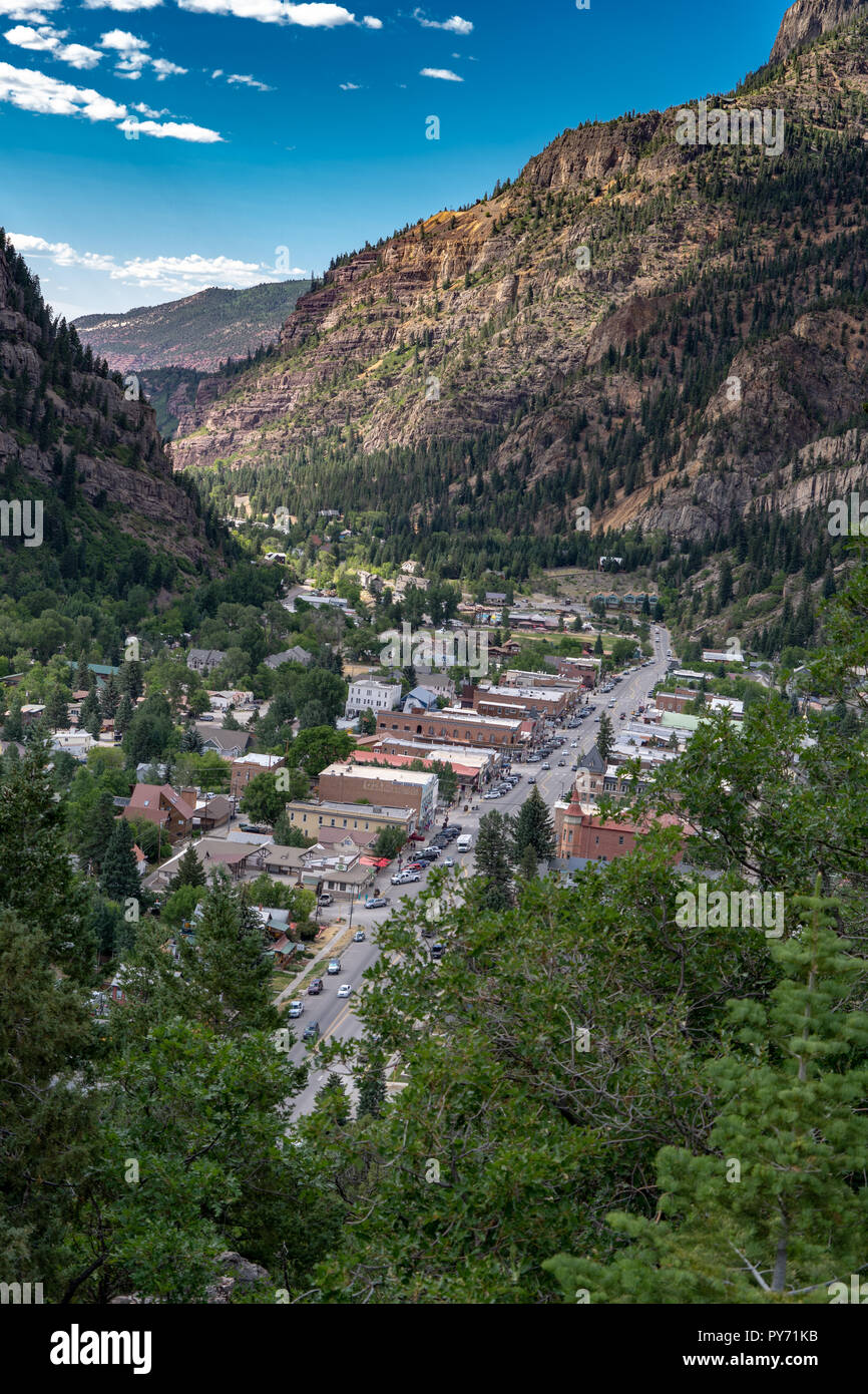 Aerial view of Ouray Colorao, along the Million Dollar Highway in the ...