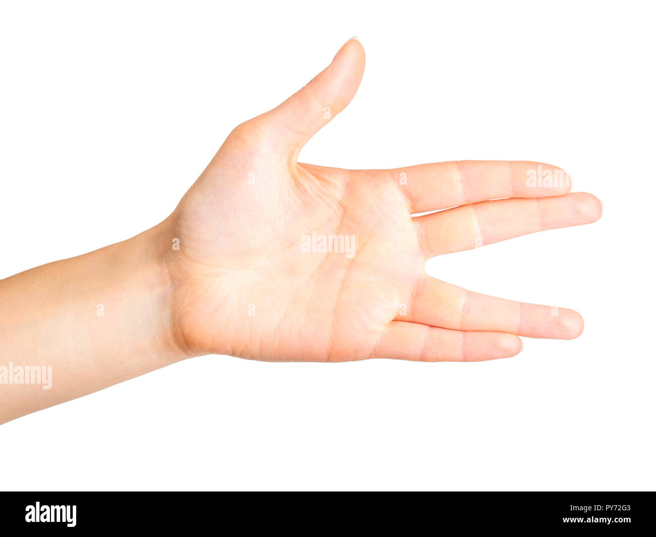 Female hand showing hello or spok sign. Isolated with clipping path ...