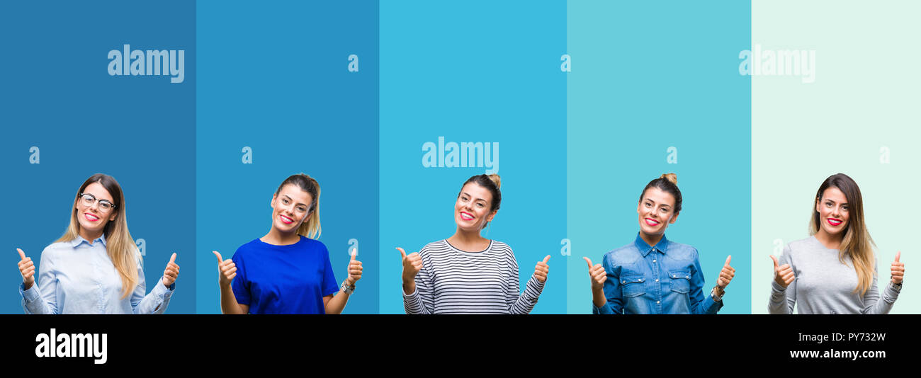 Collage of young beautiful woman over blue stripes isolated background ...