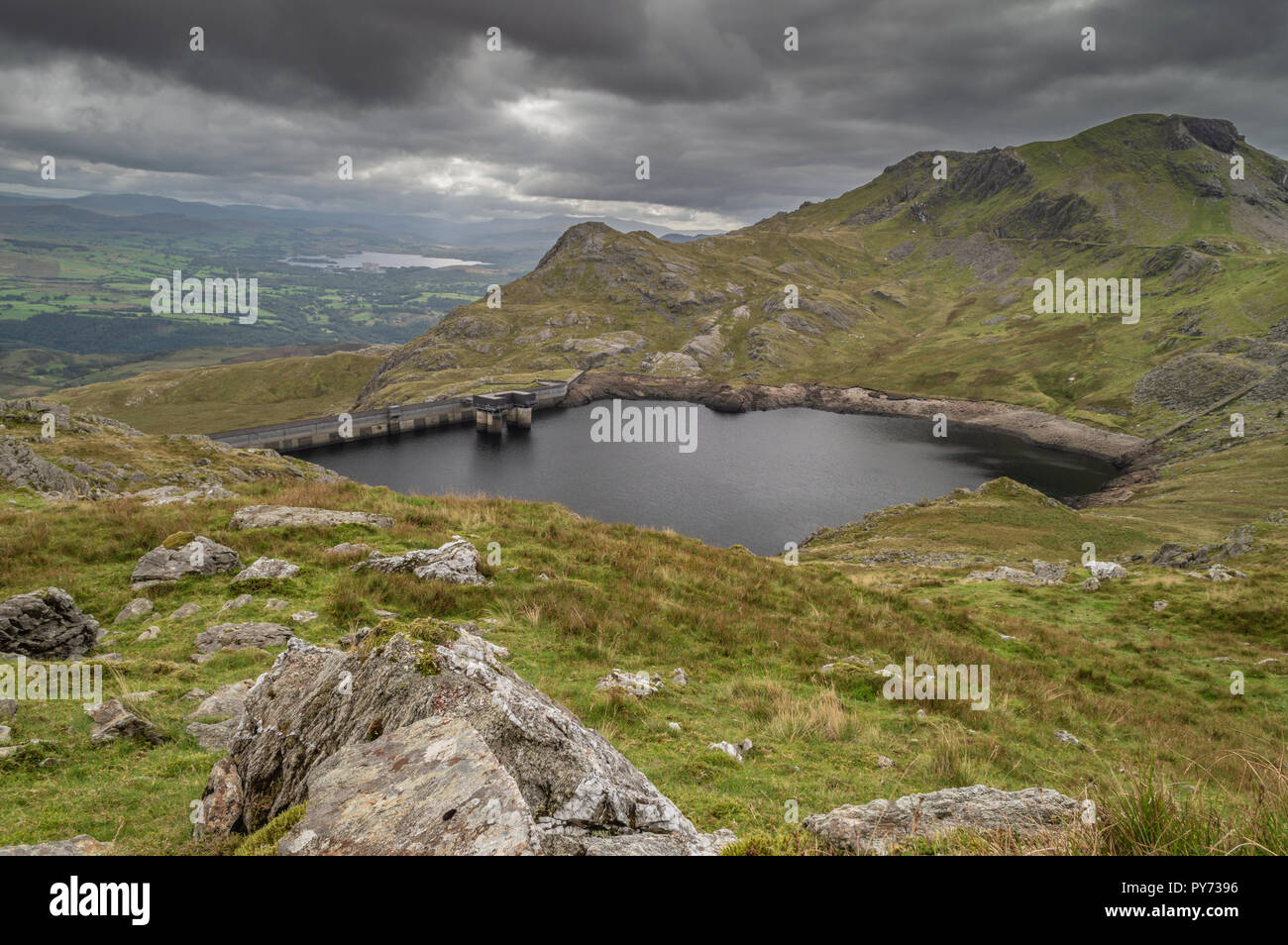 Stwlan Dam and the Moelwyn mountains near Blaenau Ffestiniog in ...