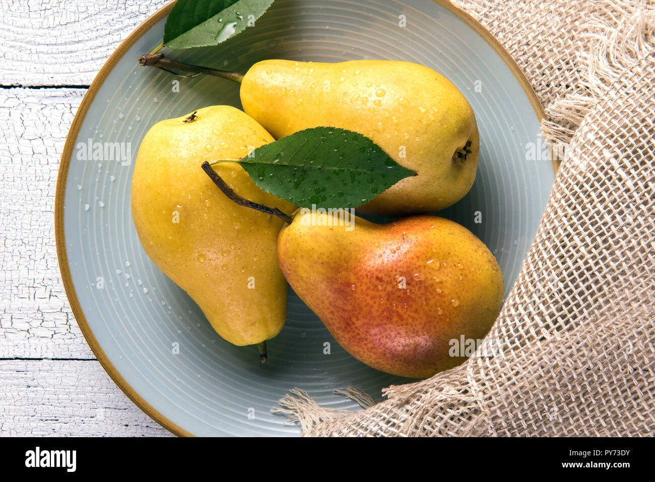 Golden yellow pears with leaves covered by water drops on round blue ...