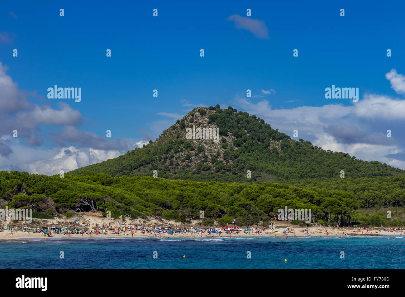 Cala Agulla bay and beach and mountain Puig de s'Agulla, near Cala ...