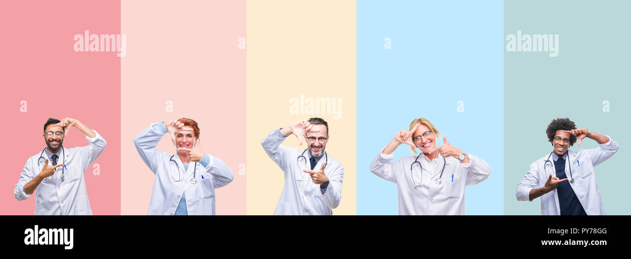 Collage of professional doctors over colorful stripes isolated ...