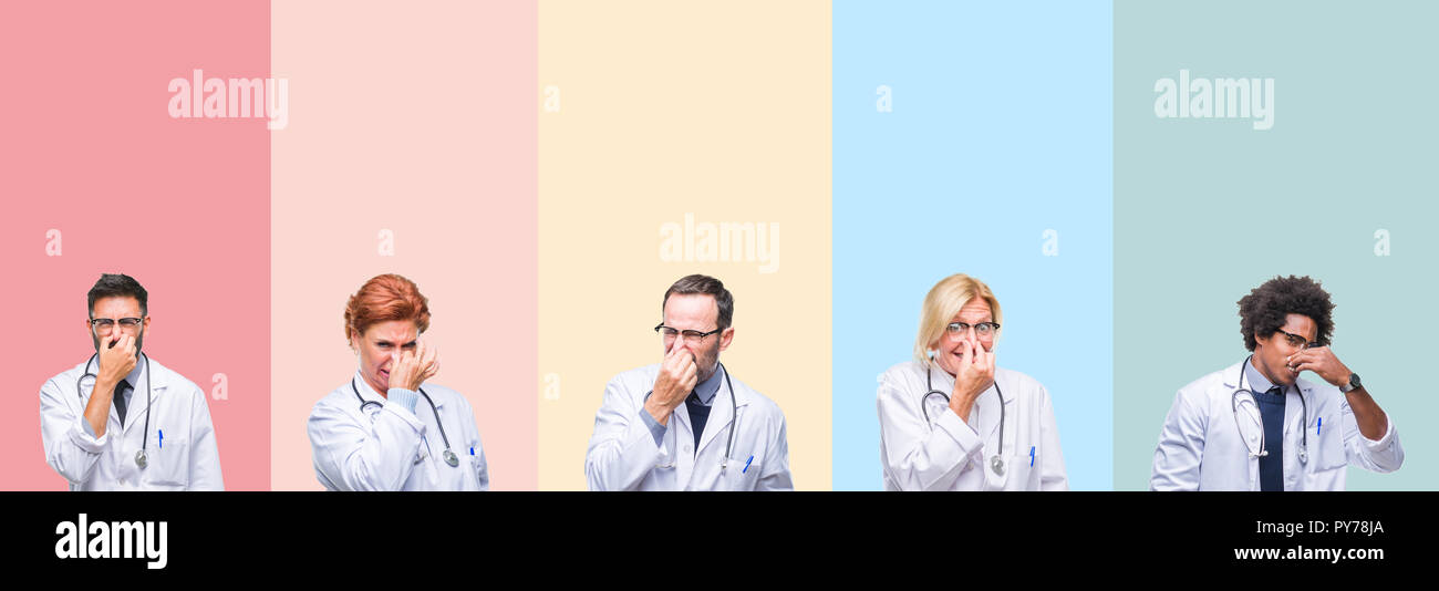 Collage of professional doctors over colorful stripes isolated ...