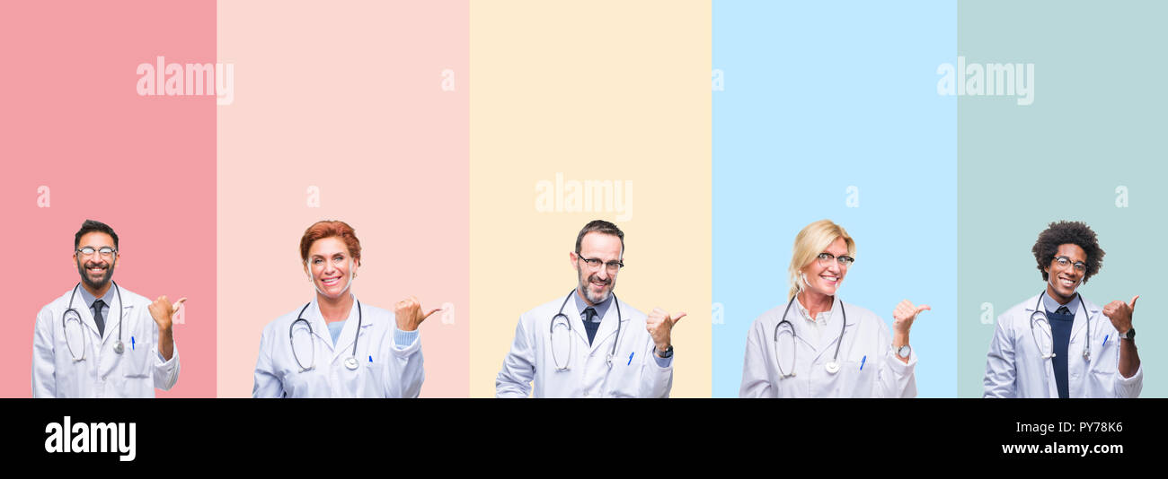Collage of professional doctors over colorful stripes isolated ...