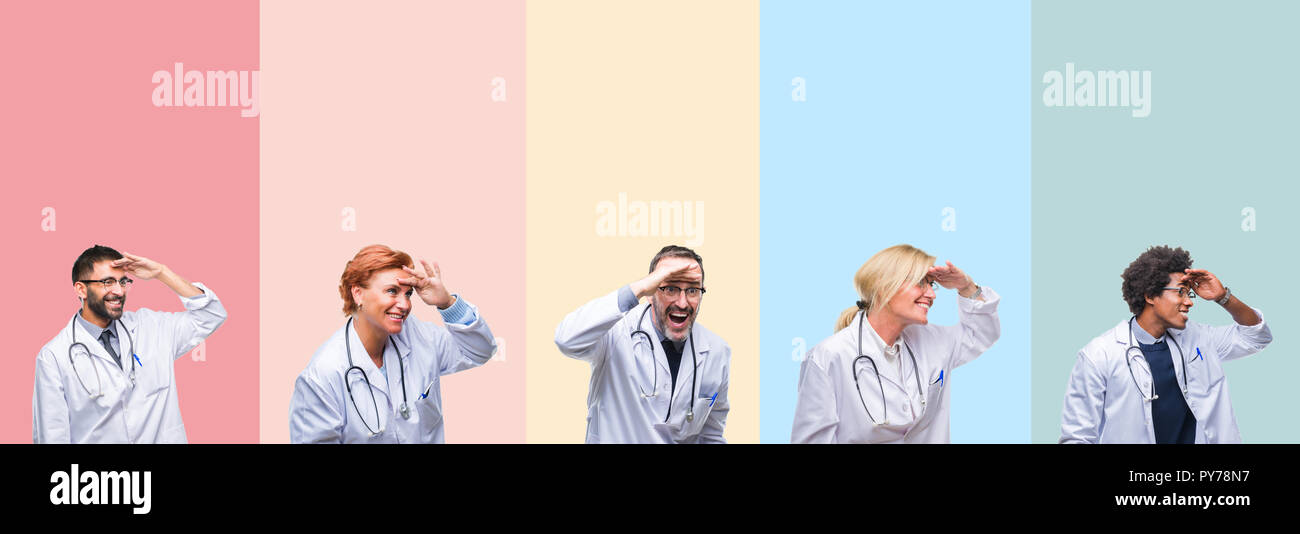 Collage of professional doctors over colorful stripes isolated ...