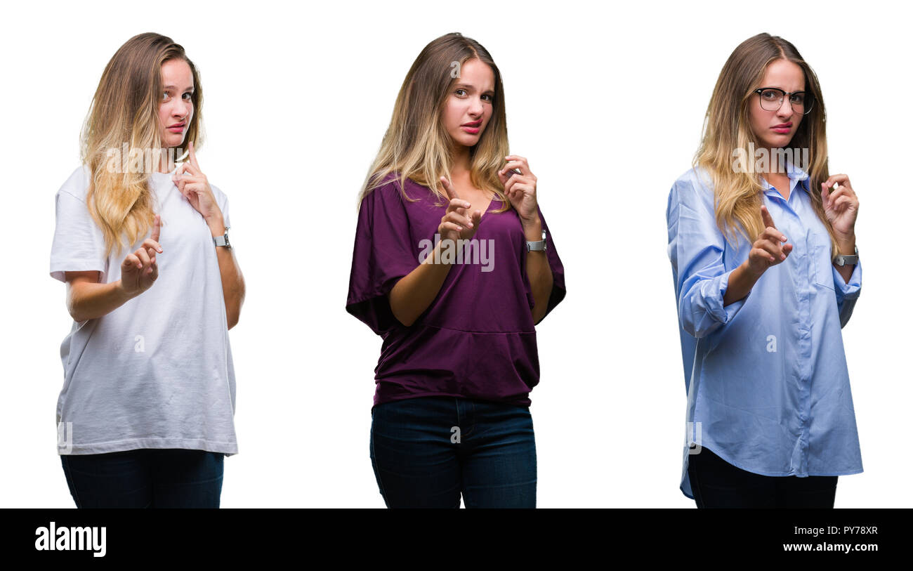 Collage of young beautiful blonde woman over isolated background ...