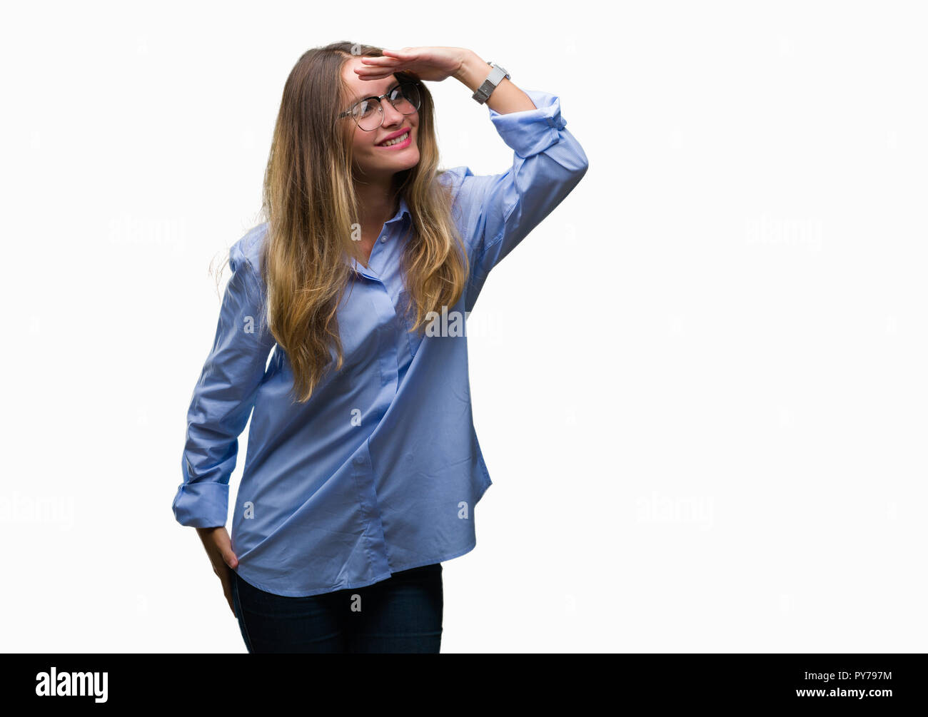 Young beautiful blonde business woman wearing glasses over isolated ...