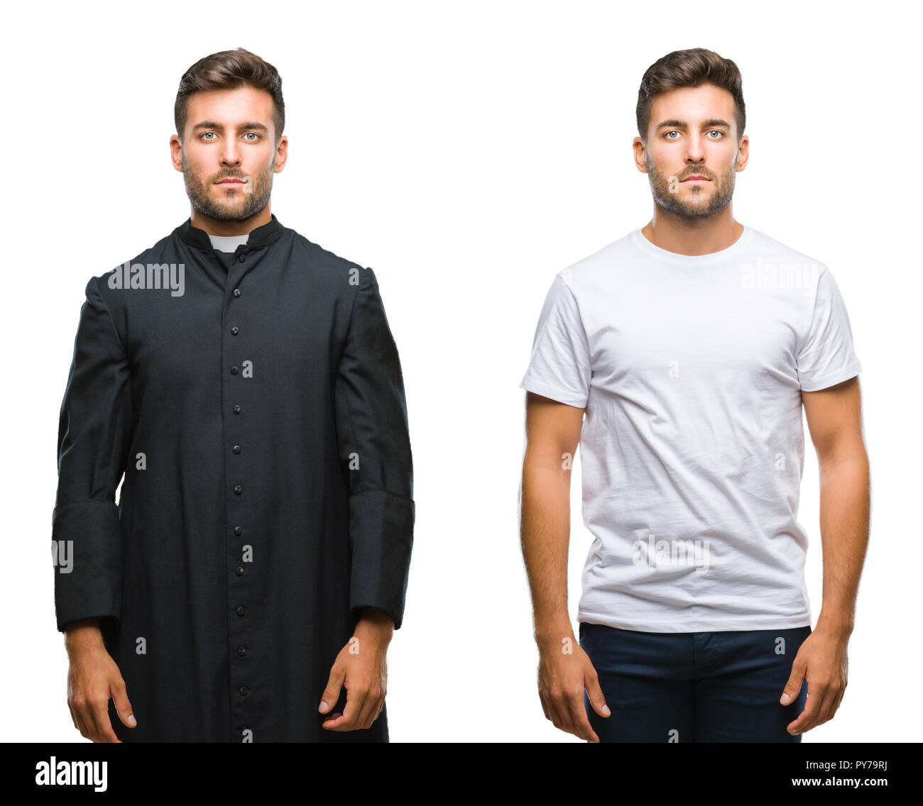 Collage of handsome young man and catholic priest over isolated ...
