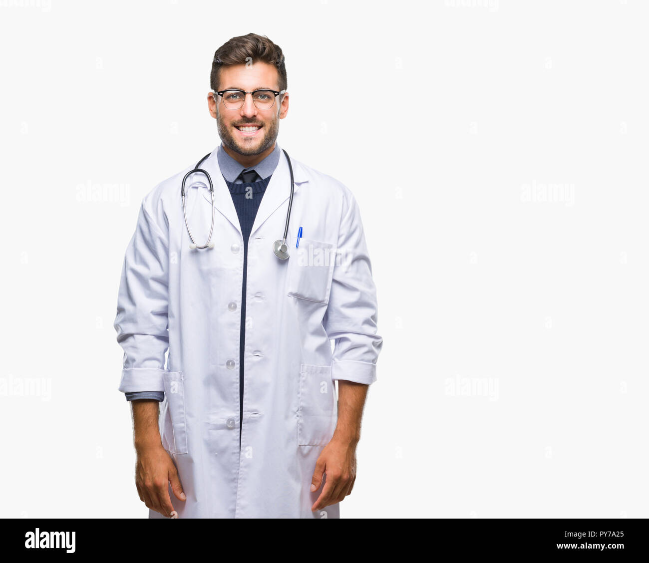 Young handsome doctor man over isolated background with a happy and ...