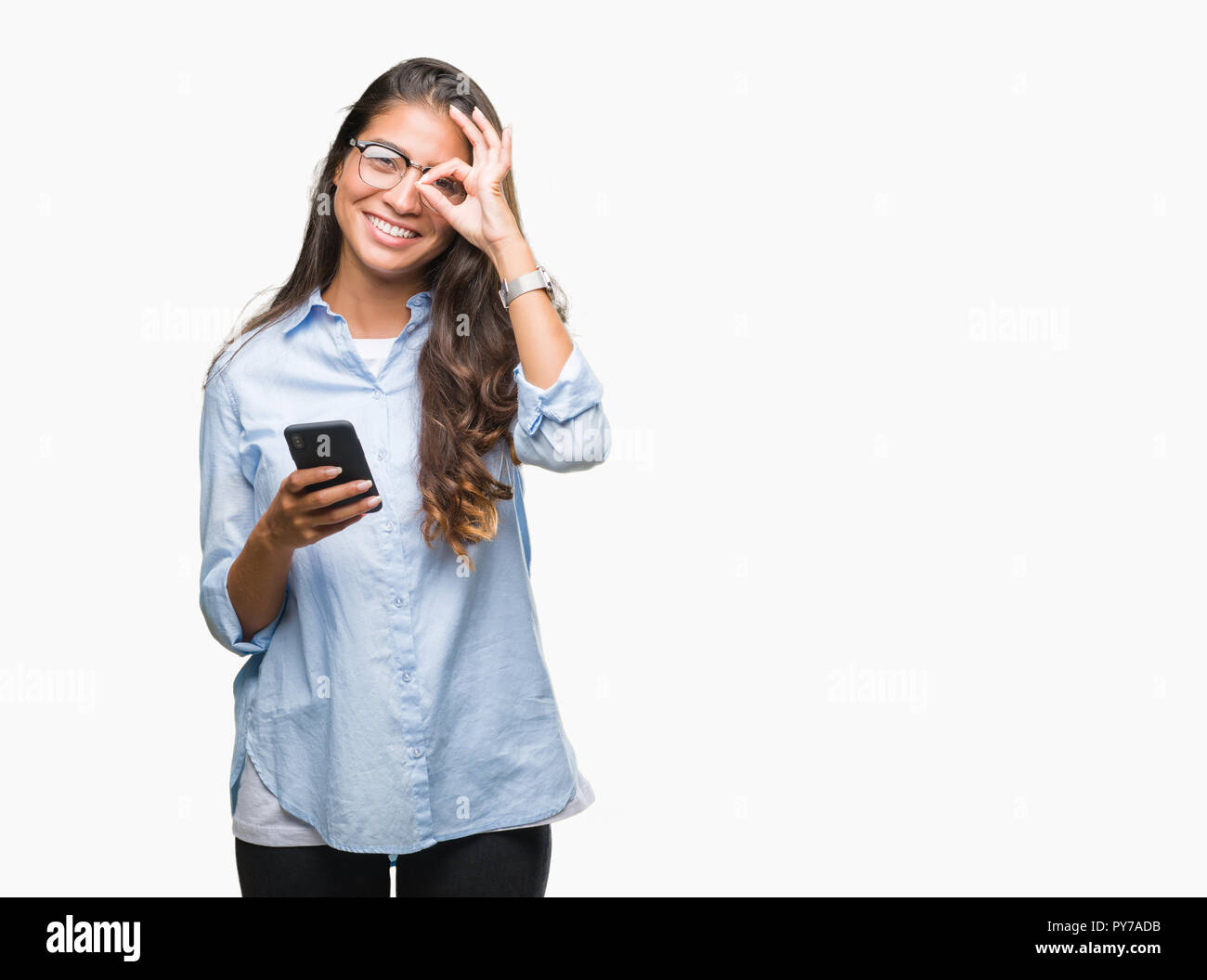 Young beautiful arab woman texting using smartphone over isolated ...