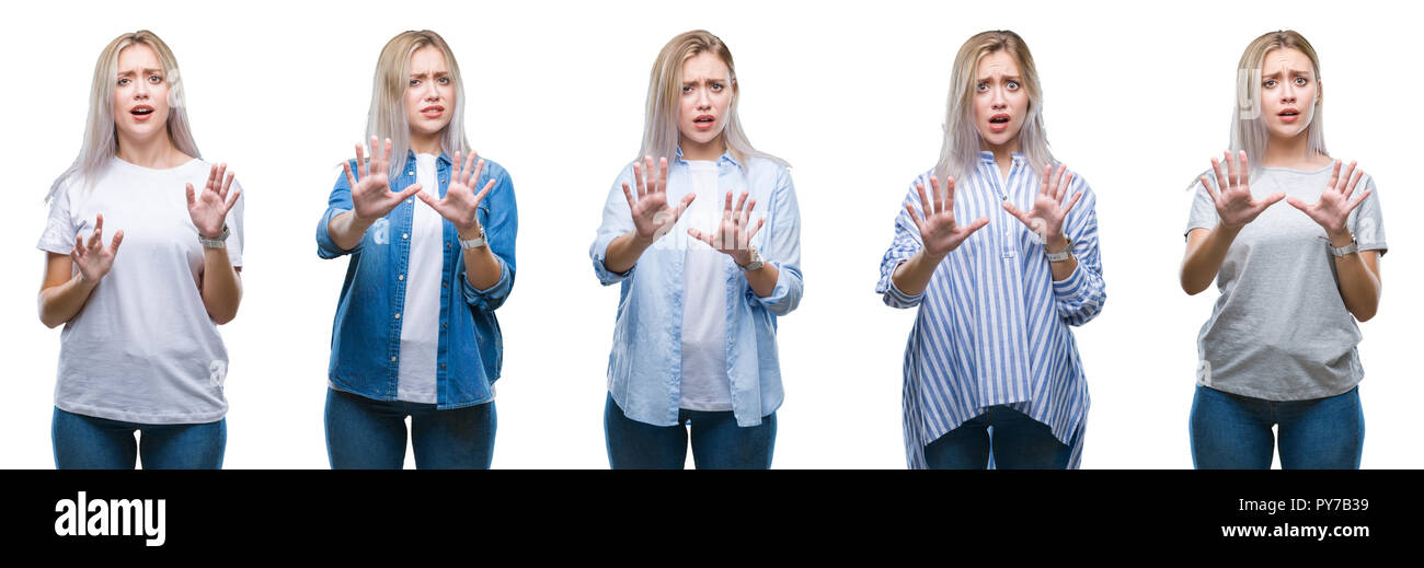 Collage of beautiful blonde young woman over isolated background afraid ...