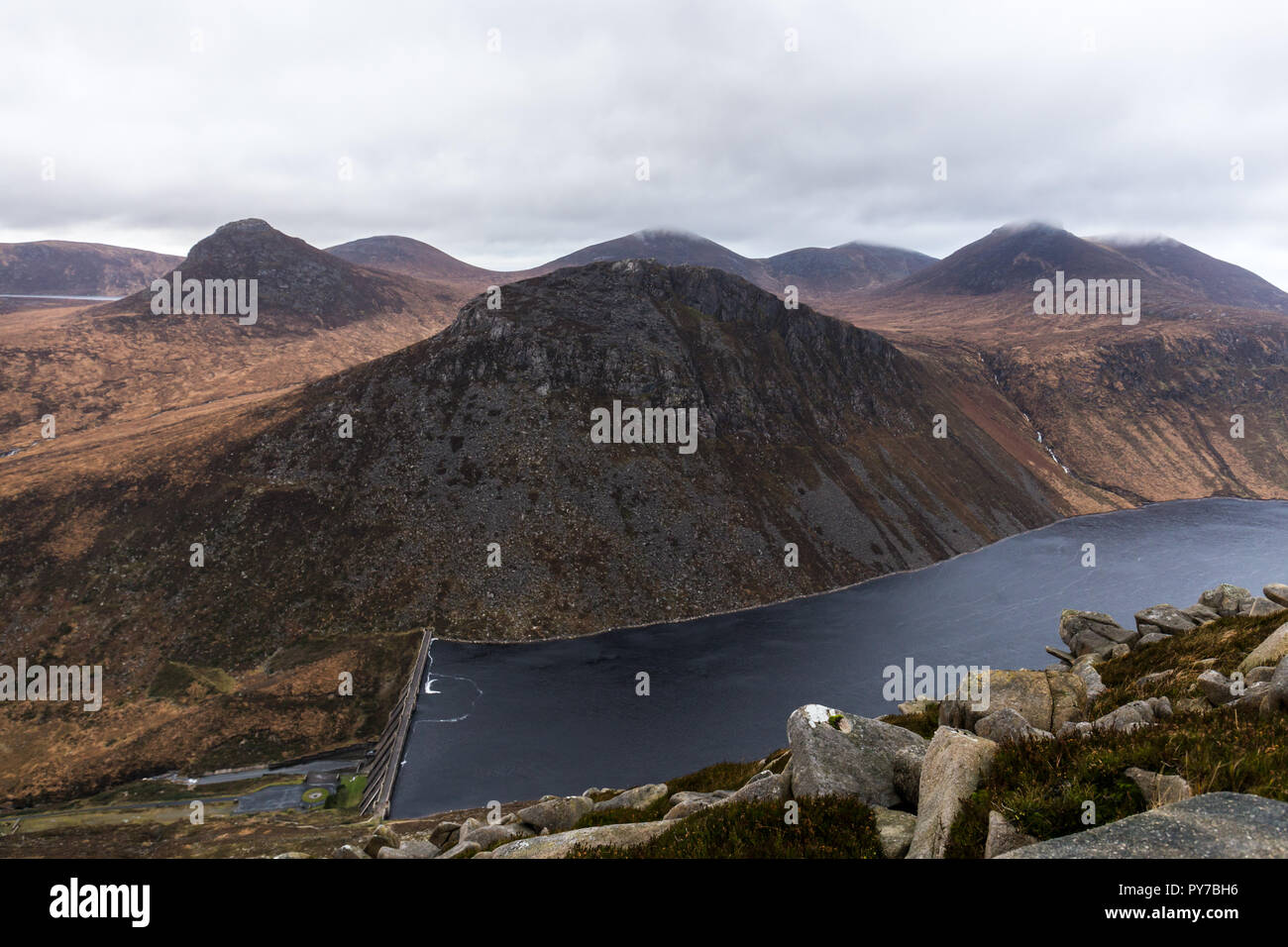 View of Ben Crom mountain and reservoir from lower slopes of Slieve ...