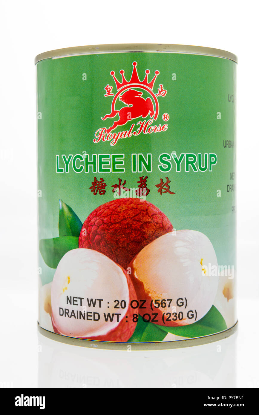 Winneconne, WI - 7 October 2018: A can of Royal Horse Lychee in syrup on an isolated background ...