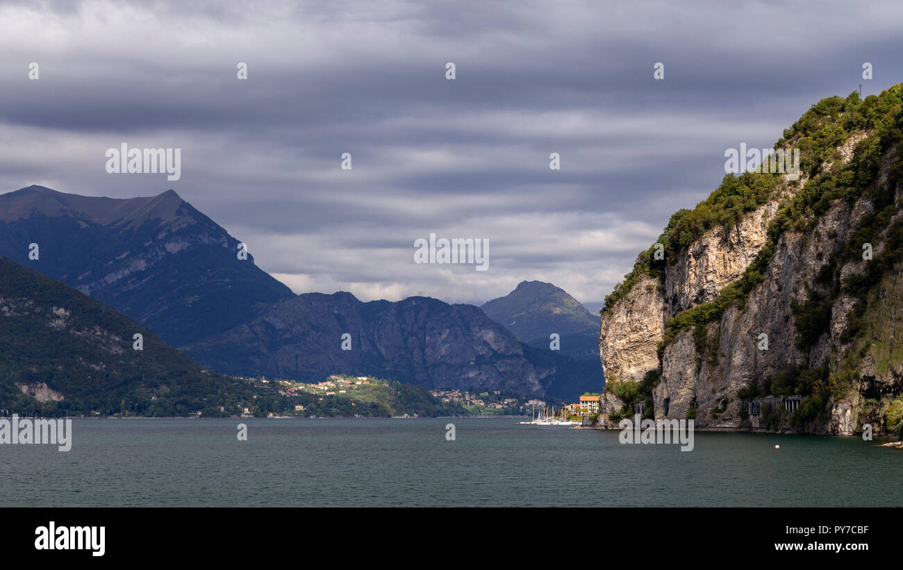 Sunlight and shadow on Lake Como in the Italian mountains at Olcio ...