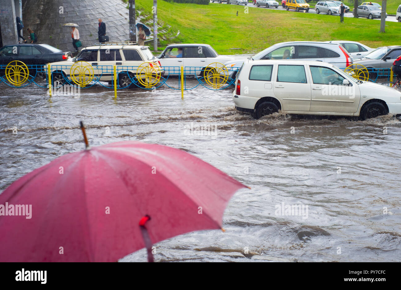 Problem car traffic on a flooded road in the rain. Kiev, Ukraine Stock ...