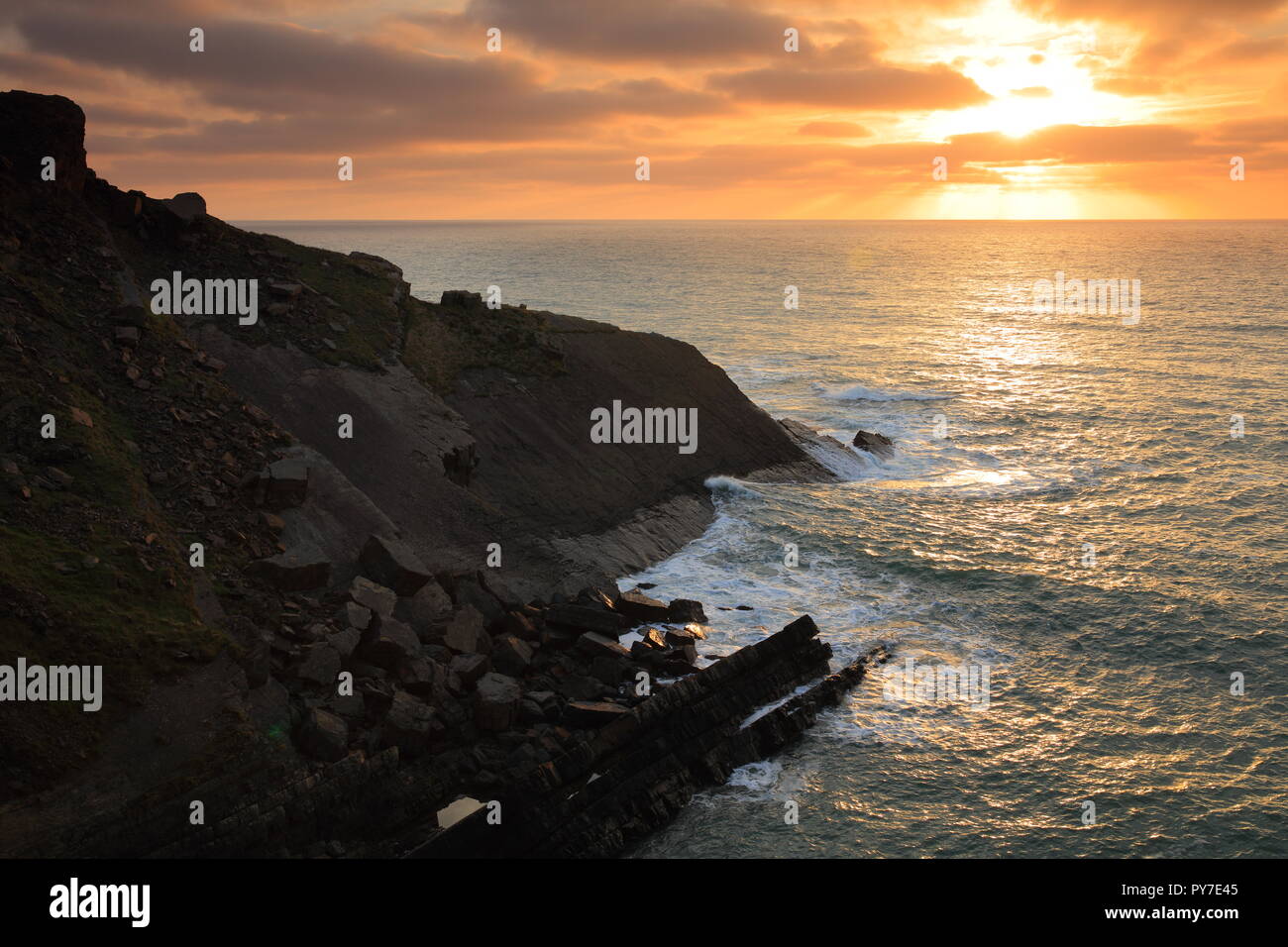 Sunset around Hartland Quay coast, North Devon, England, UK Stock Photo ...