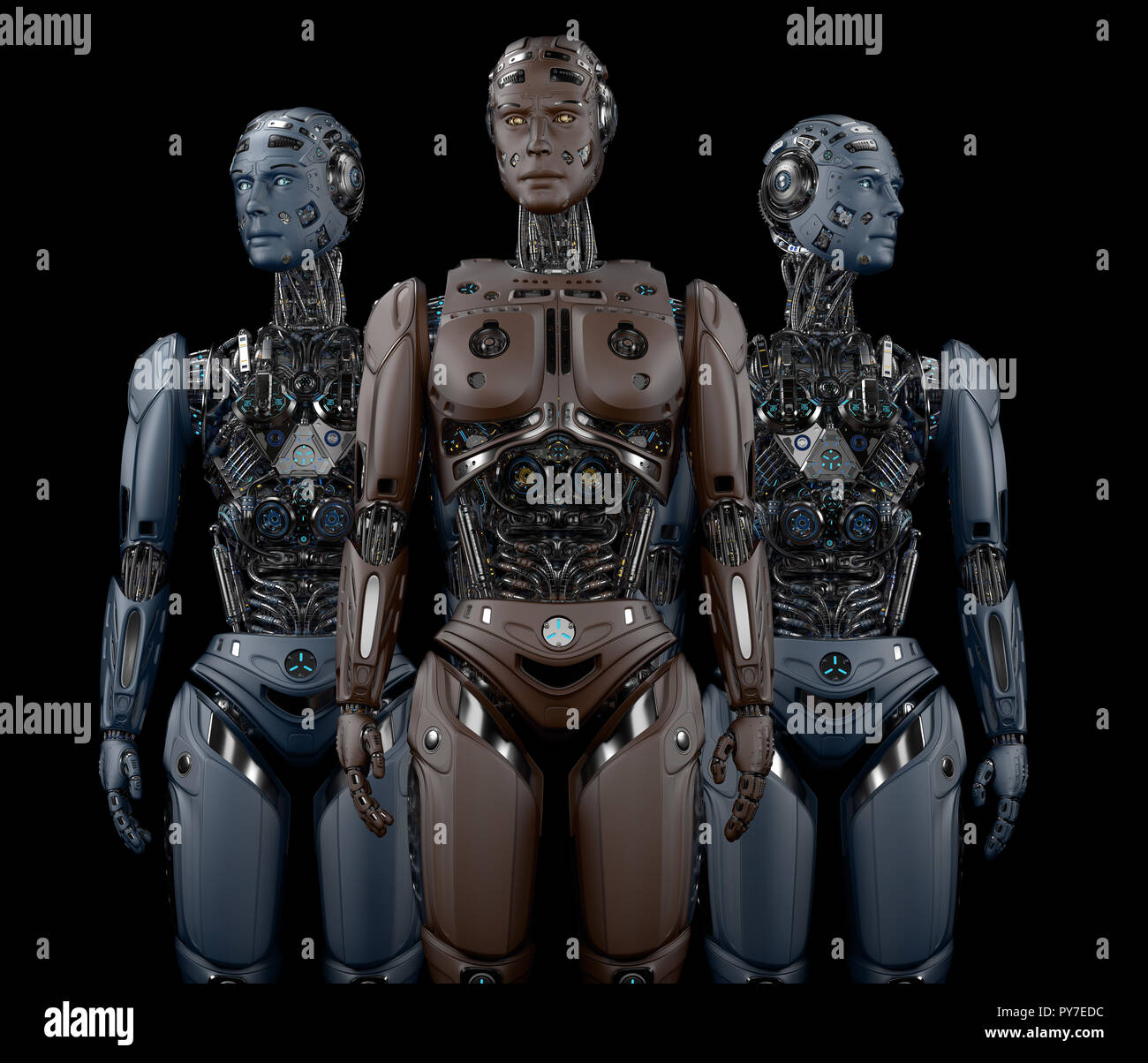 Group of robots or very detailed futuristic cyborgs. Three humanoids ...