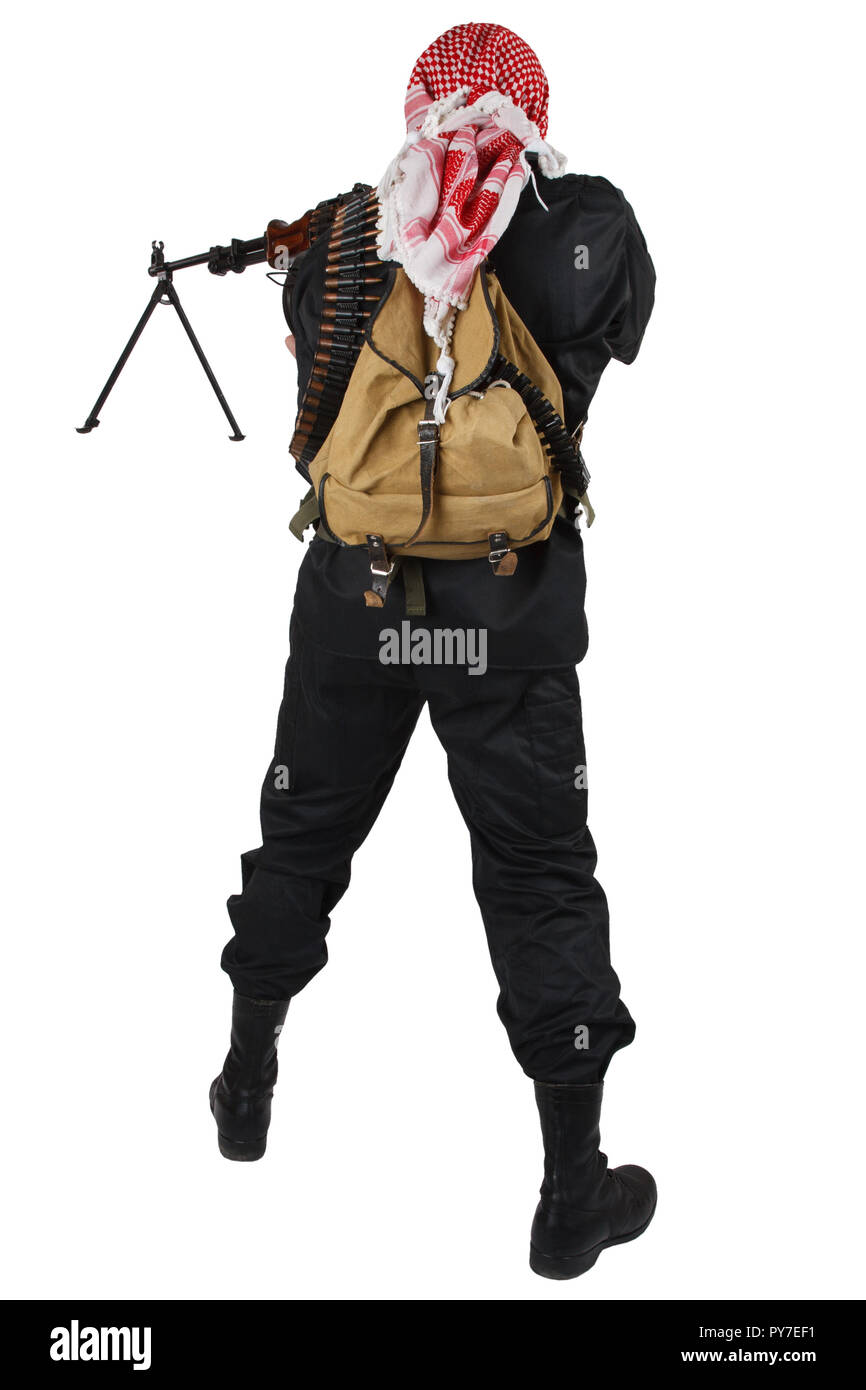 Rebel army soldier in black uniform with red kufiya holding machine gun ...