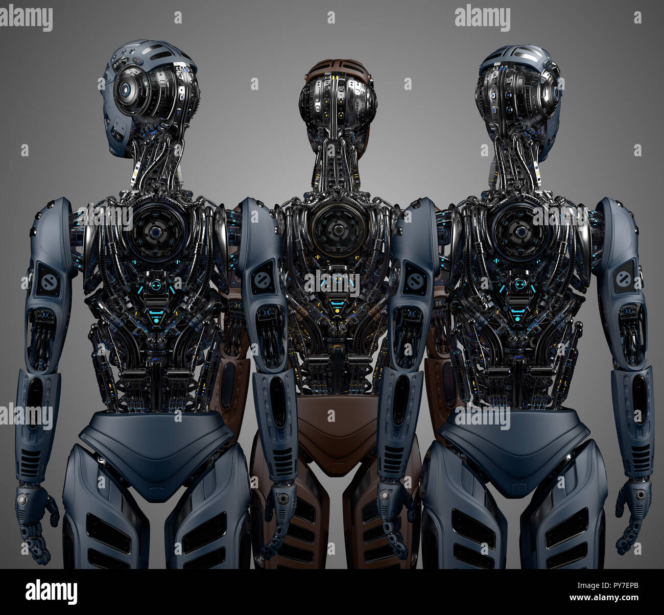 Group of robots or very detailed futuristic cyborgs. Three humanoids ...