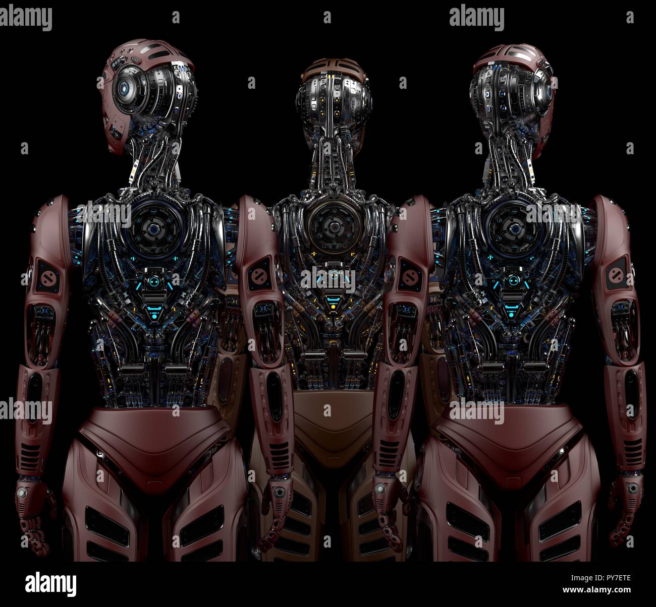 Group of robots or very detailed futuristic cyborgs. Three humanoids ...